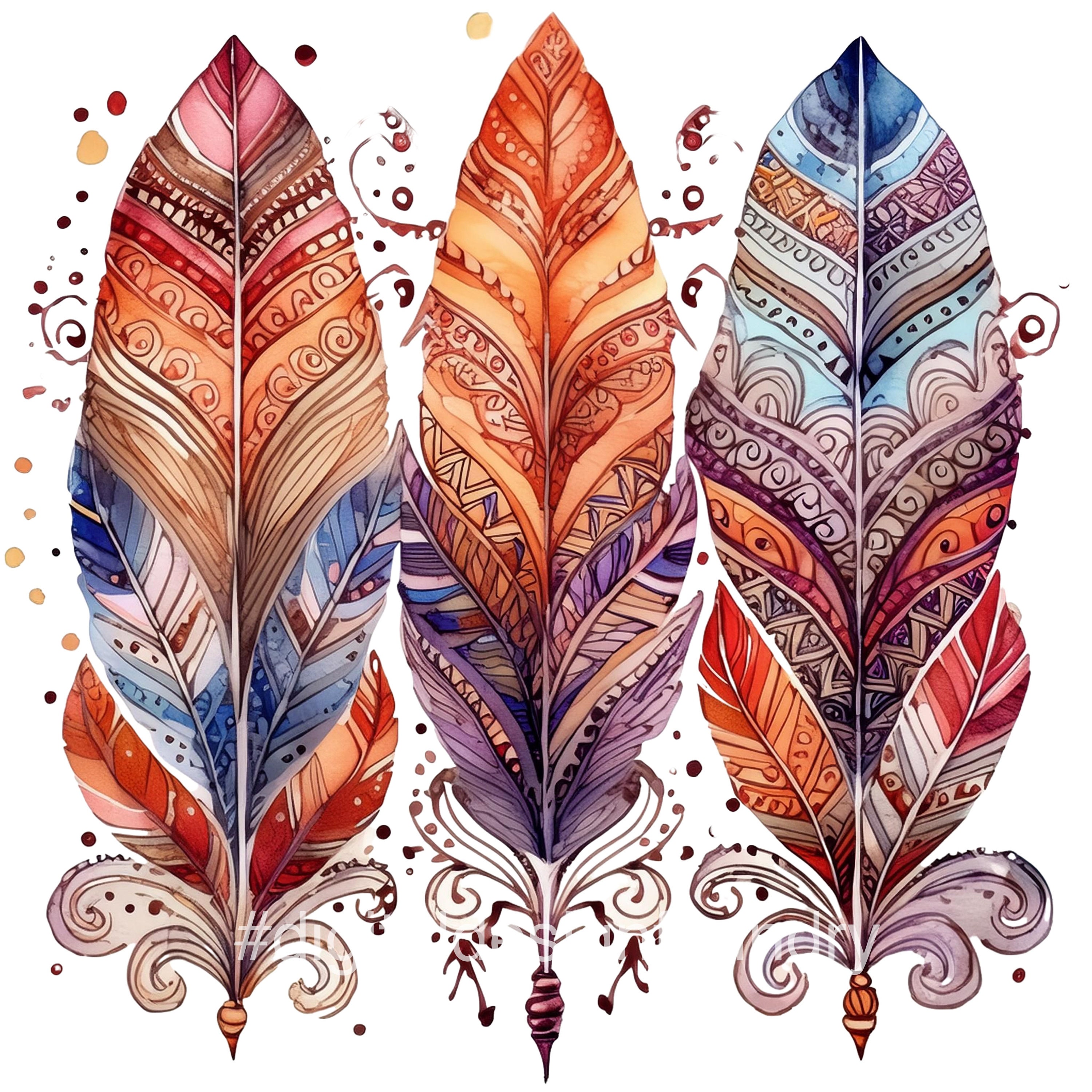 28 Boho Feather Clipart Watercolor PNG, SVG, JPG, Tribal, Dreamcatcher ...