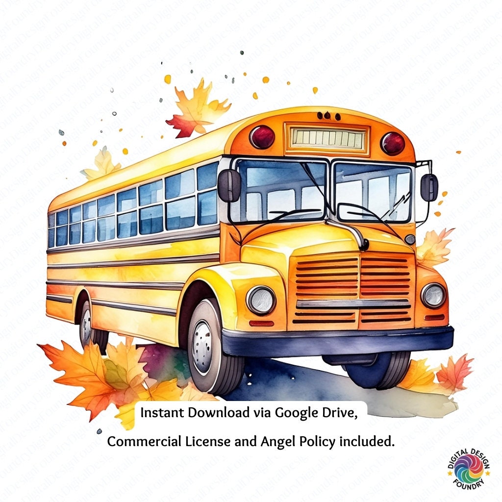 School Bus Clipart | 24 Watercolor PNG, SVG, JPG | Back to School ...