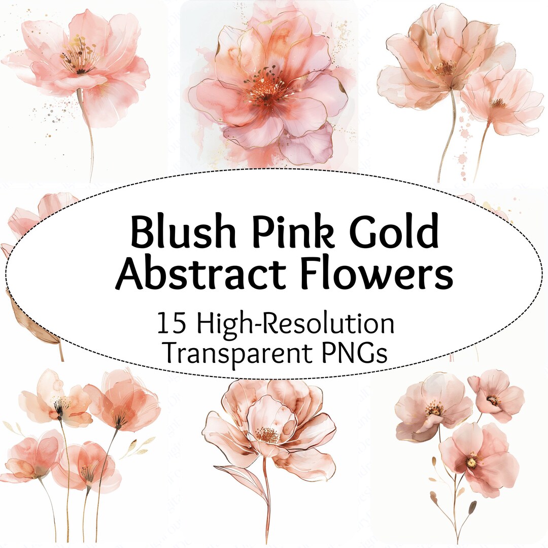 15 Blush Pink Gold Watercolor Flowers Clipart Abstract Floral Pngs ...