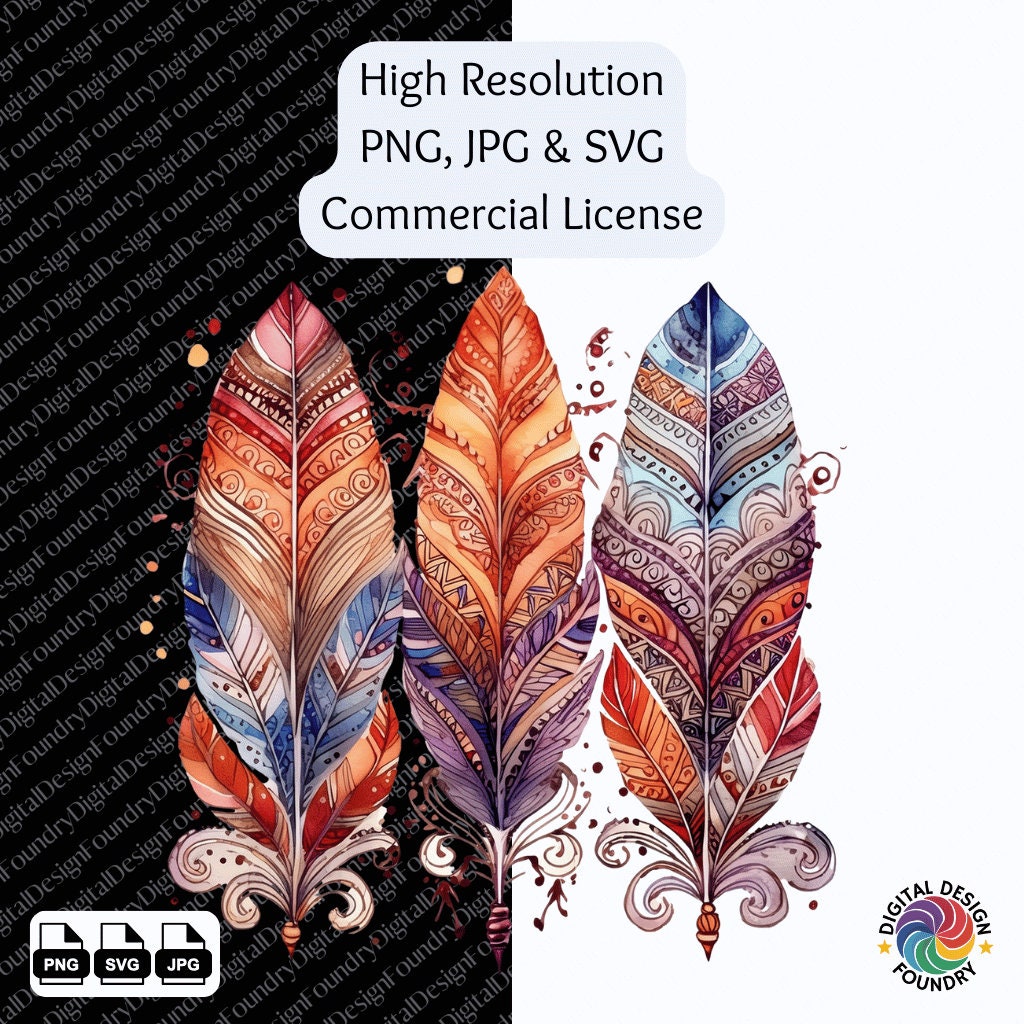 28 Boho Feather Clipart Watercolor PNG, SVG, JPG, Tribal, Dreamcatcher ...