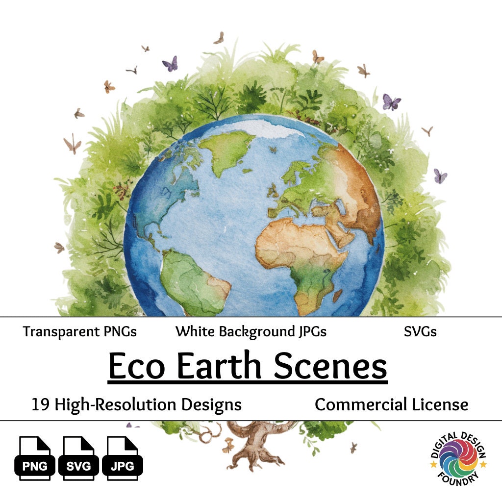 19 Earth Scenes Clipart Watercolor, PNG, SVG, JPG, Whimsical Earth Day ...
