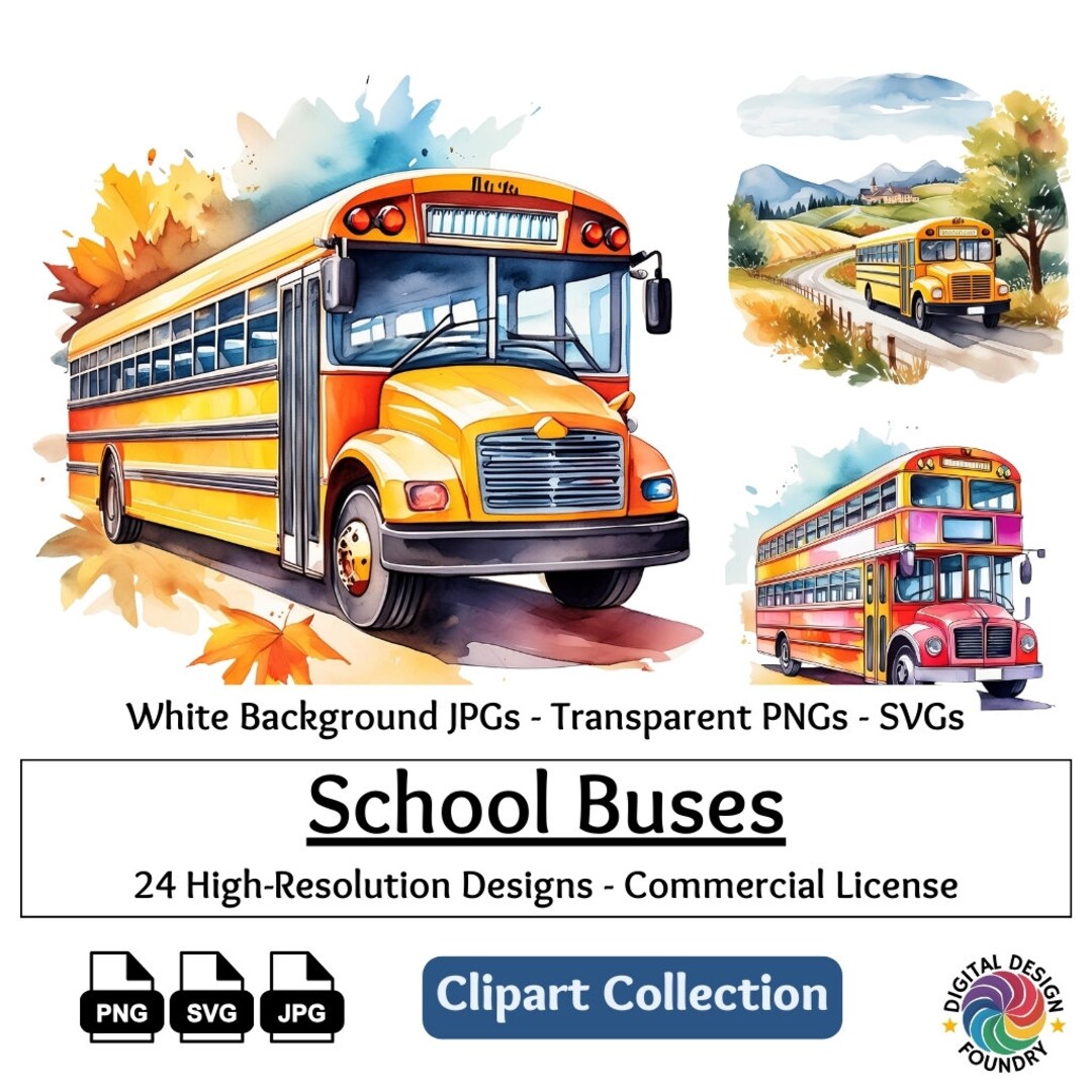 School Bus Clipart | 24 Watercolor PNG, SVG, JPG | Back to School ...