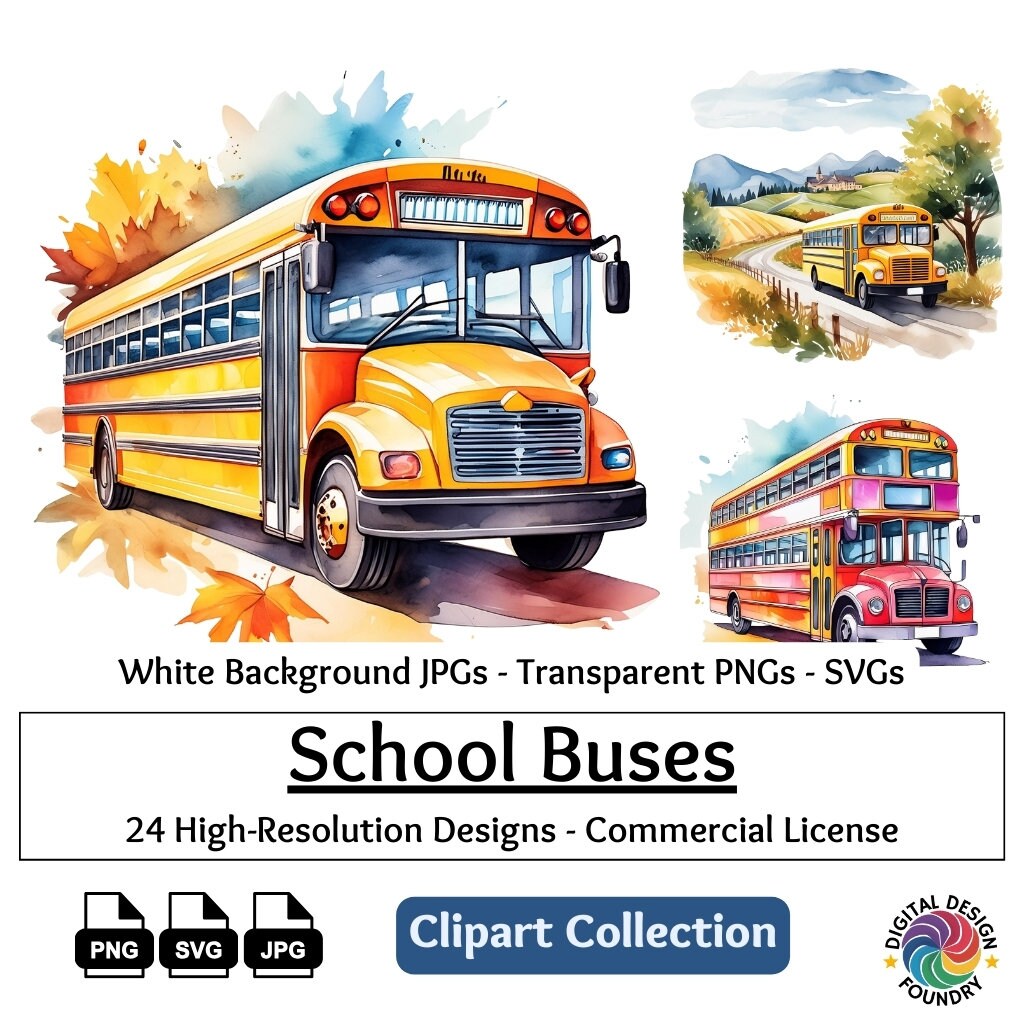School Bus Clipart 24 Watercolor PNG, SVG, JPG Back to School ...