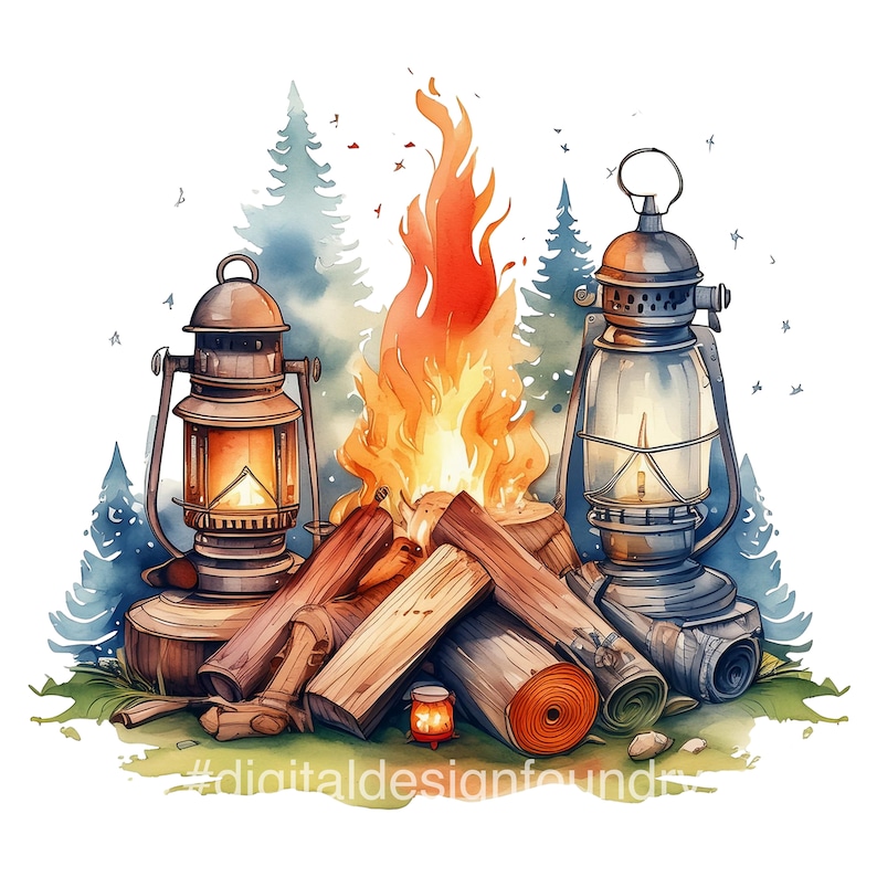 Retro Campfire Clipart 20 Watercolor PNG, SVG, JPG, Vintage Camping ...