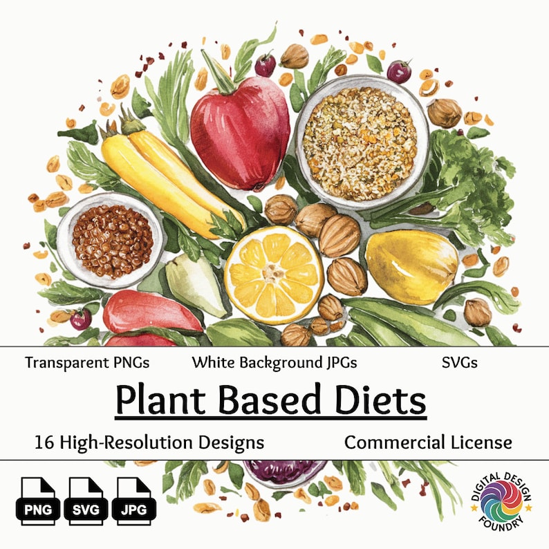 16 Plant-based Diet Clipart Watercolor, PNG, SVG, JPG Vegan Food ...
