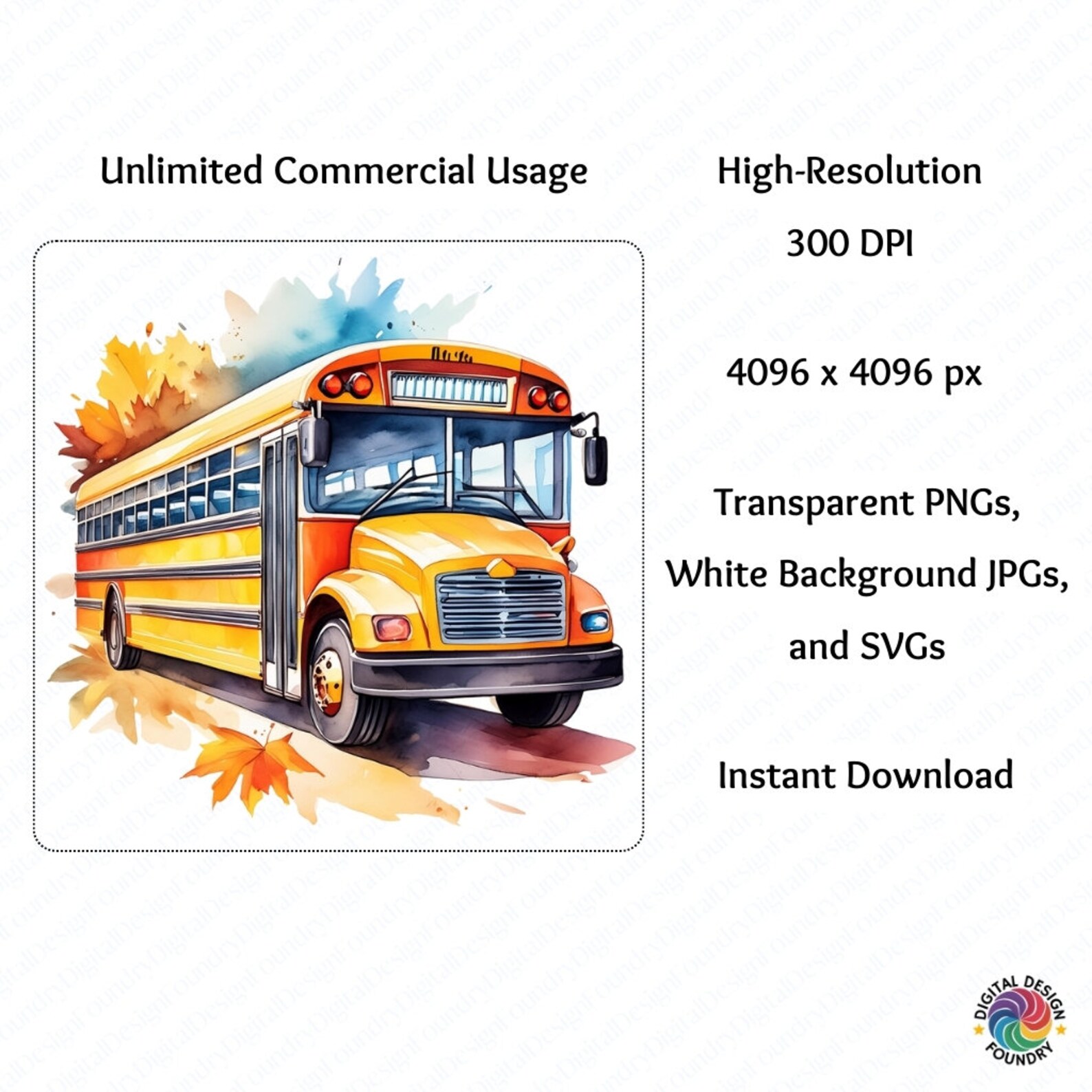 School Bus Clipart 24 Watercolor PNG, SVG, JPG Back to School ...