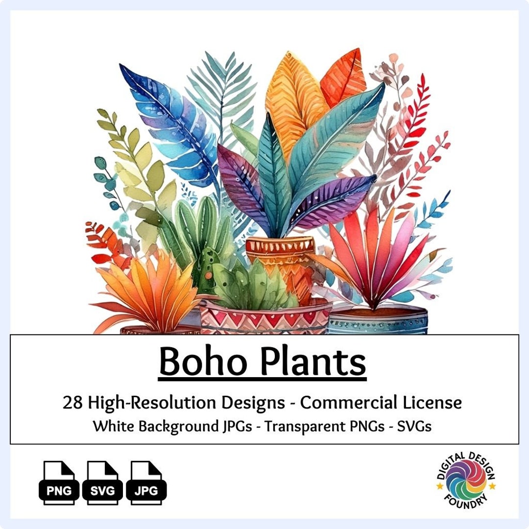 28 Boho Plants Clipart Watercolor PNG, SVG, JPG, Houseplants ...