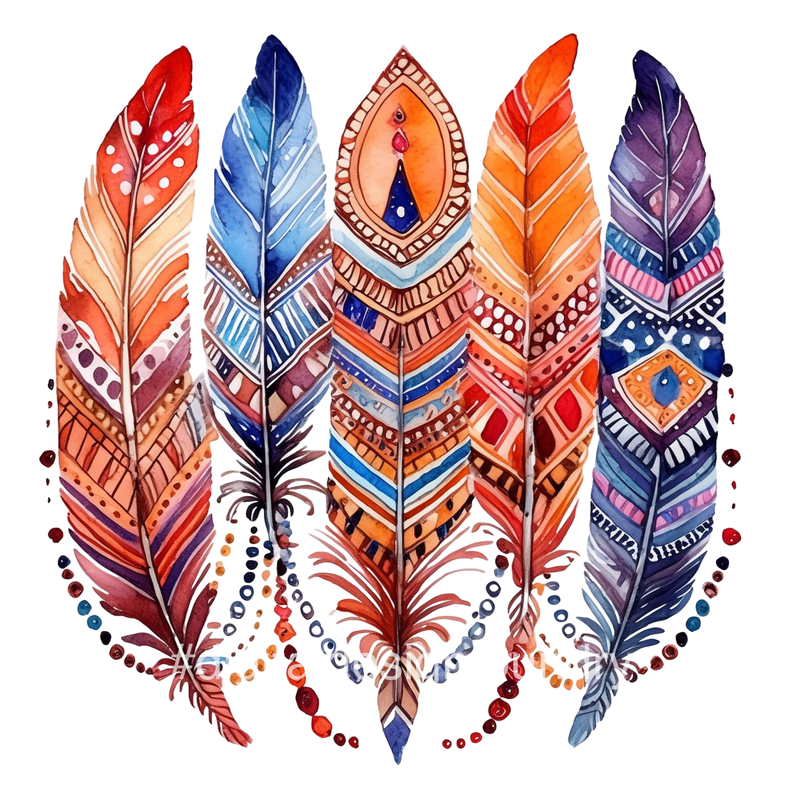 28 Boho Feather Clipart Watercolor PNG, SVG, JPG, Tribal, Dreamcatcher ...