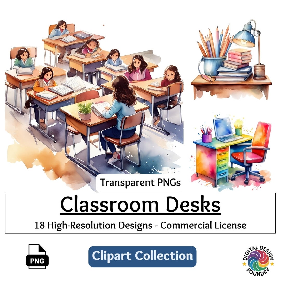 Classroom Desks and Supplies Watercolor Clipart | 28 Pngs | School ...