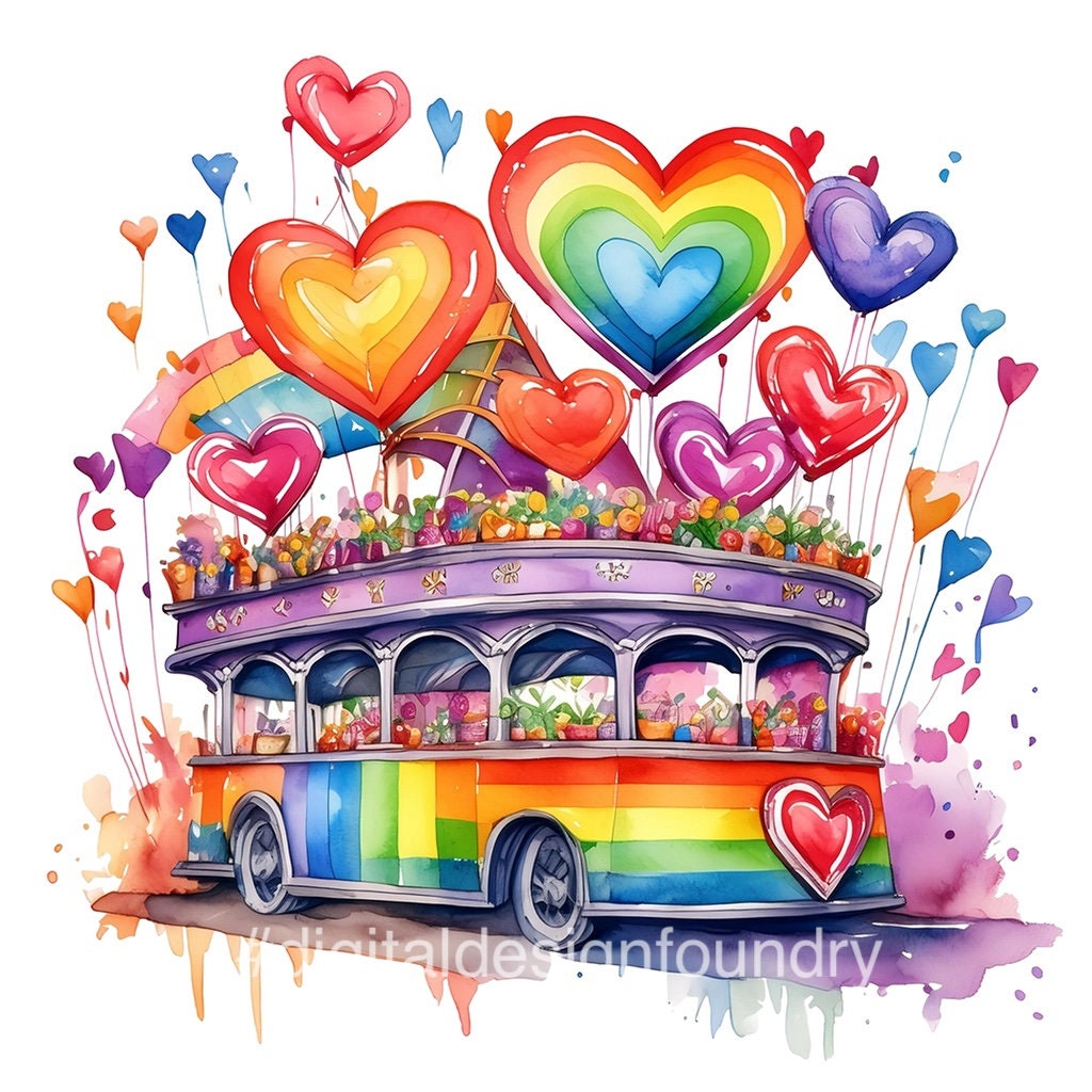 28 Pride Parade Floats Clipart Watercolor PNG, JPG, LGBTQ Celebration ...