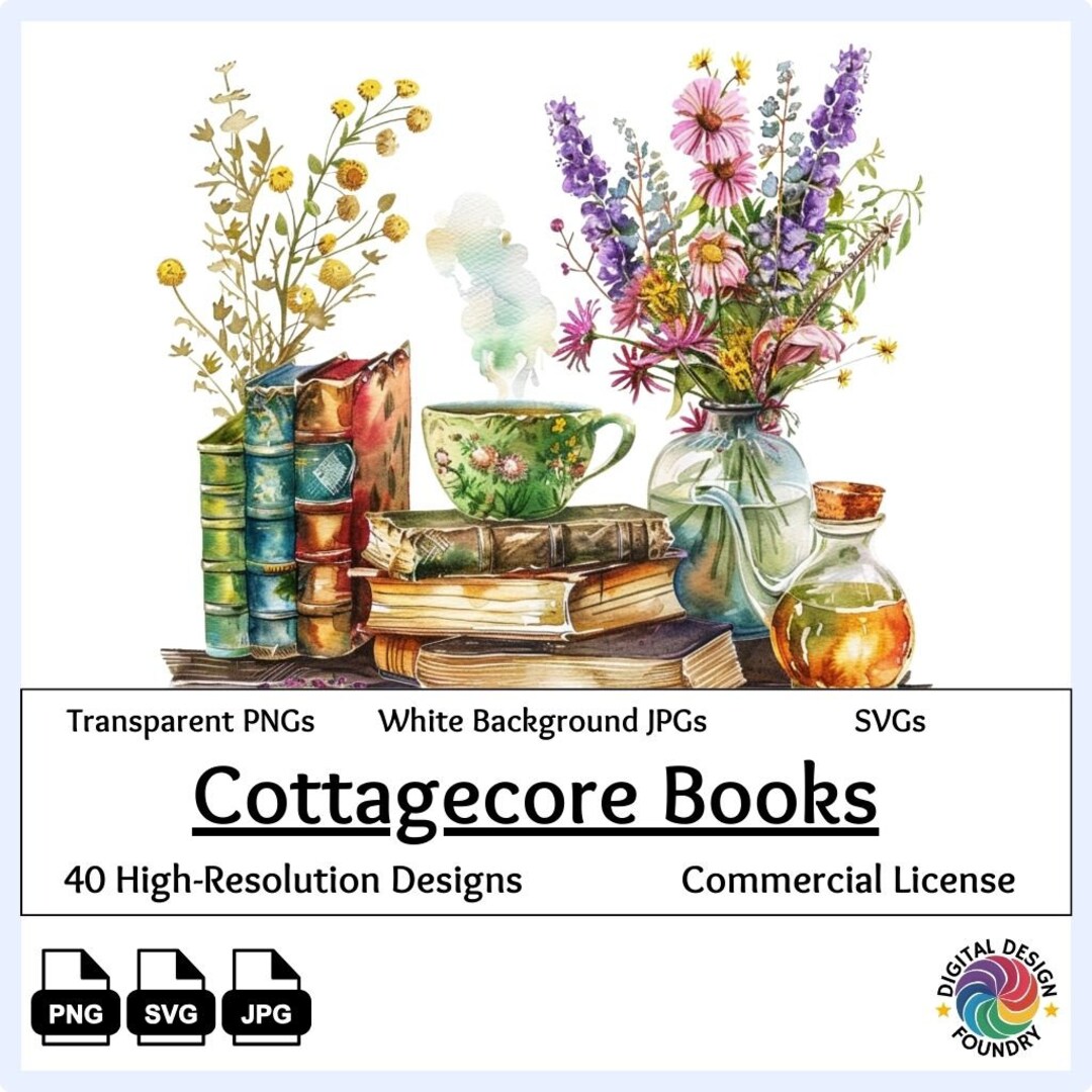 40 Watercolor Cottagecore Books Clipart PNG, SVG, JPG, Cozy Reading ...
