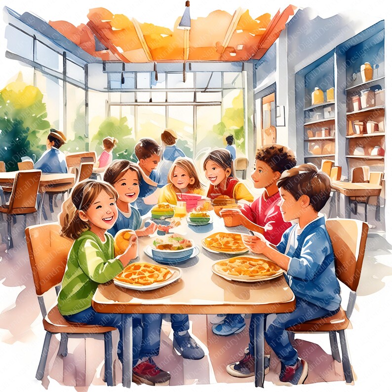 Cafeteria Fun Clipart | 30 Watercolor Pngs | School Lunch Illustrations ...