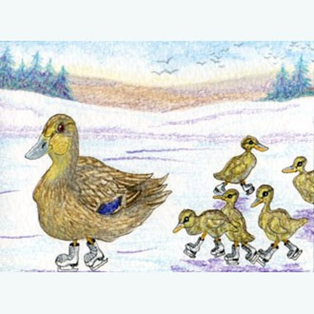 Ice Skating Ducks 10x8 Art Print Ducklings Mother Figure Snowy ...