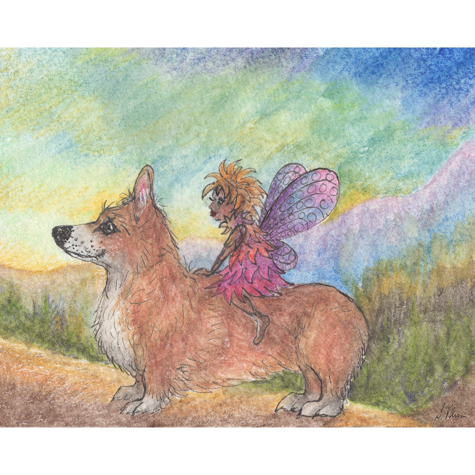 Pembroke Welsh Corgi Dog Fairy 8x10 Inch Print Fantasy Riding Rider ...