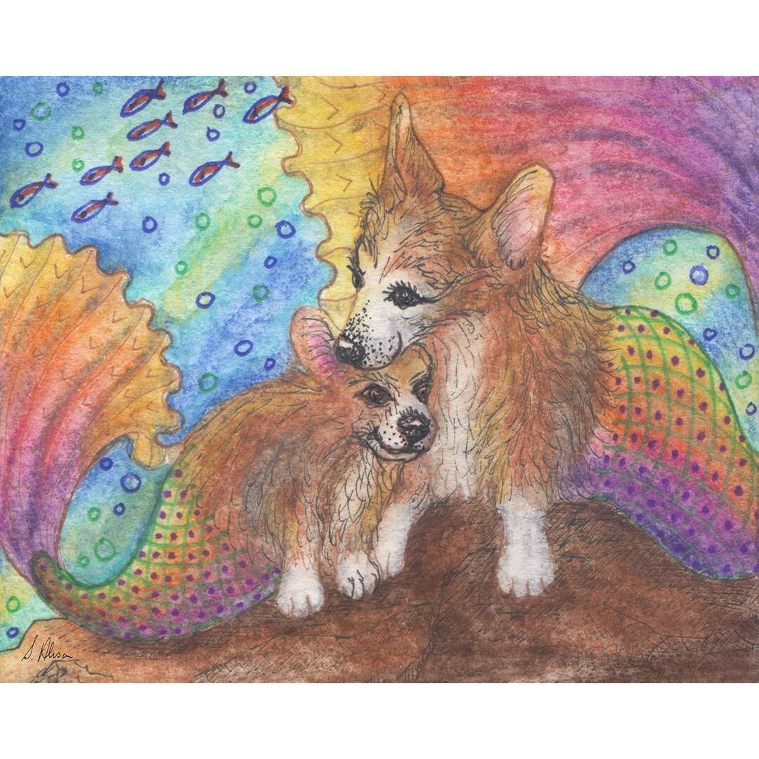 Welsh Corgi Dogs Mother and Child 5x7 8x10 Print Mermaid Fantasy Under ...