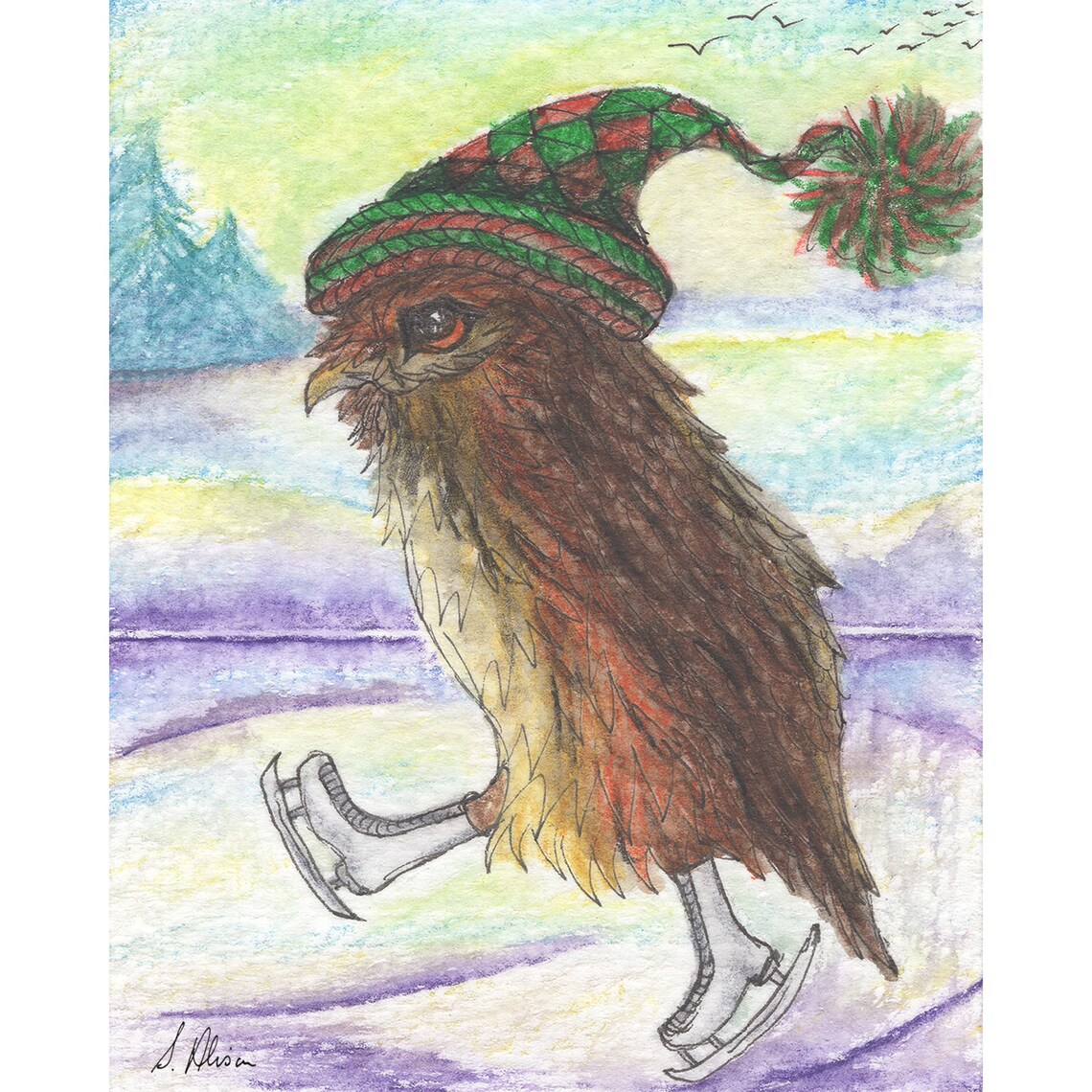 Ice Figure Skating Owl Bird 5x7 & 8x10 Signed Art Print Poster - Etsy