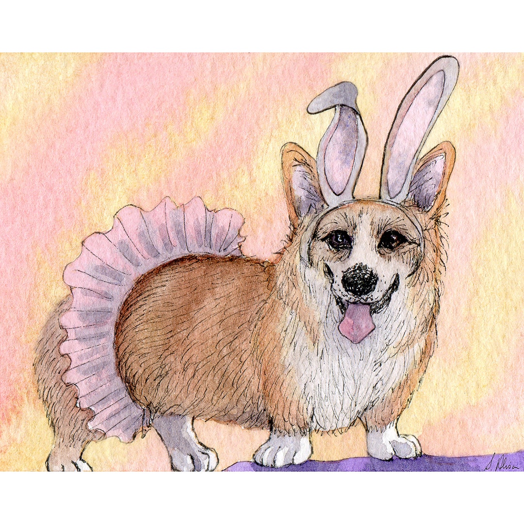 Welsh Corgi Dog Pup Easter Bunny Signed Art Print Poster in 5x7 and ...