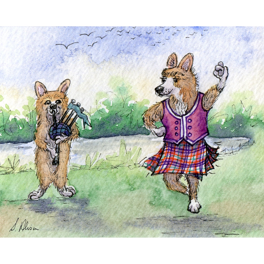 Welsh Corgi Dog 5x7 and 8x10 Art Prints Scottish Dancing Bagpipes Piper ...