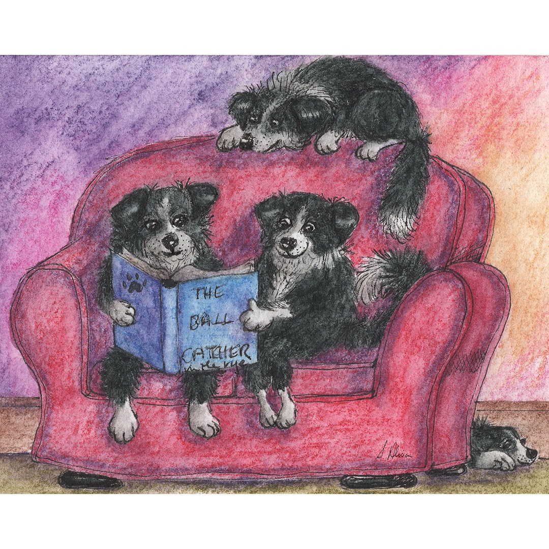 Reading a Book Border Collie Dog Pups Puppies 5x7 and 8x10 Art Prints ...