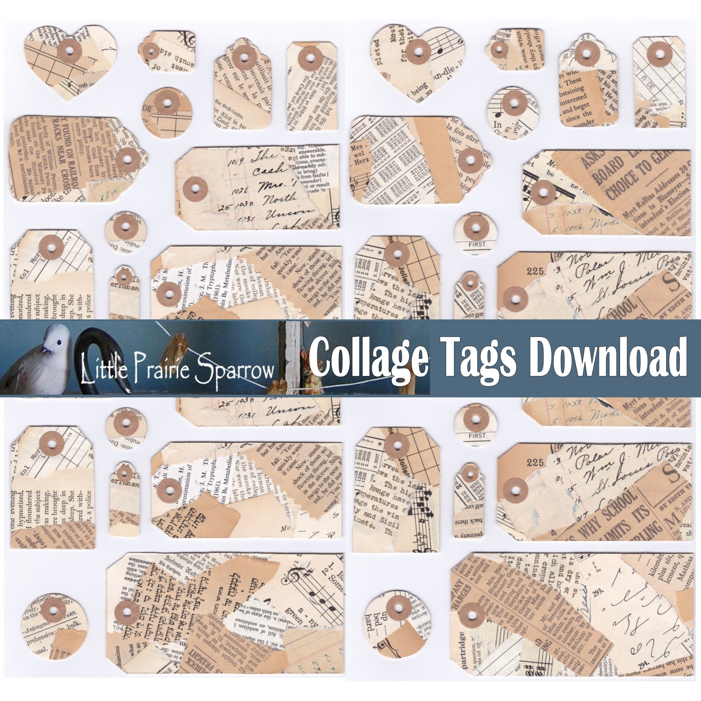 Vintage Book Page Tags Digital Download, Print and Cut Ephemera Sheets ...