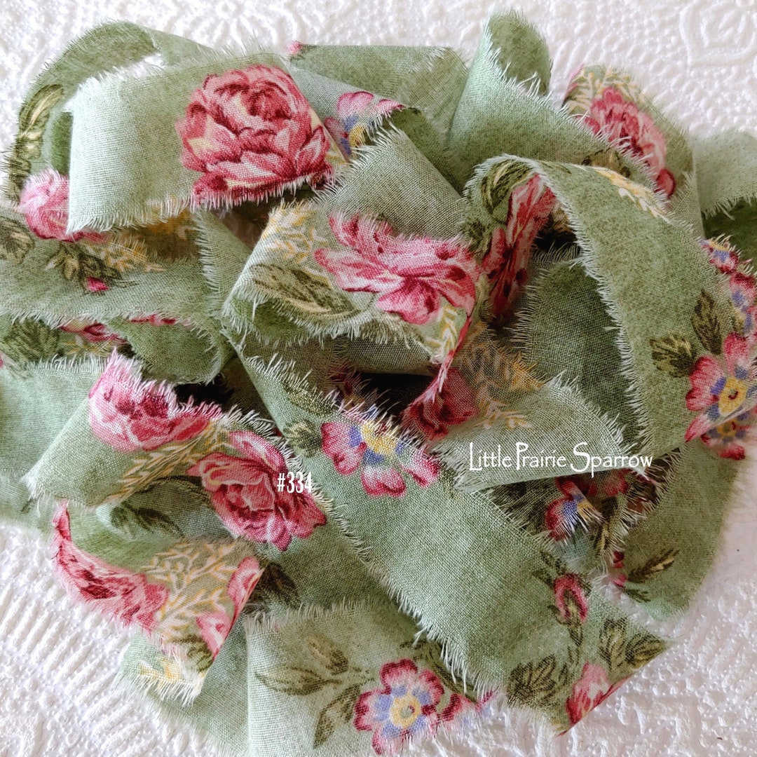 Hand Torn Pink Rose Print Frayed Green Fabric Ribbon for Journal, Party ...