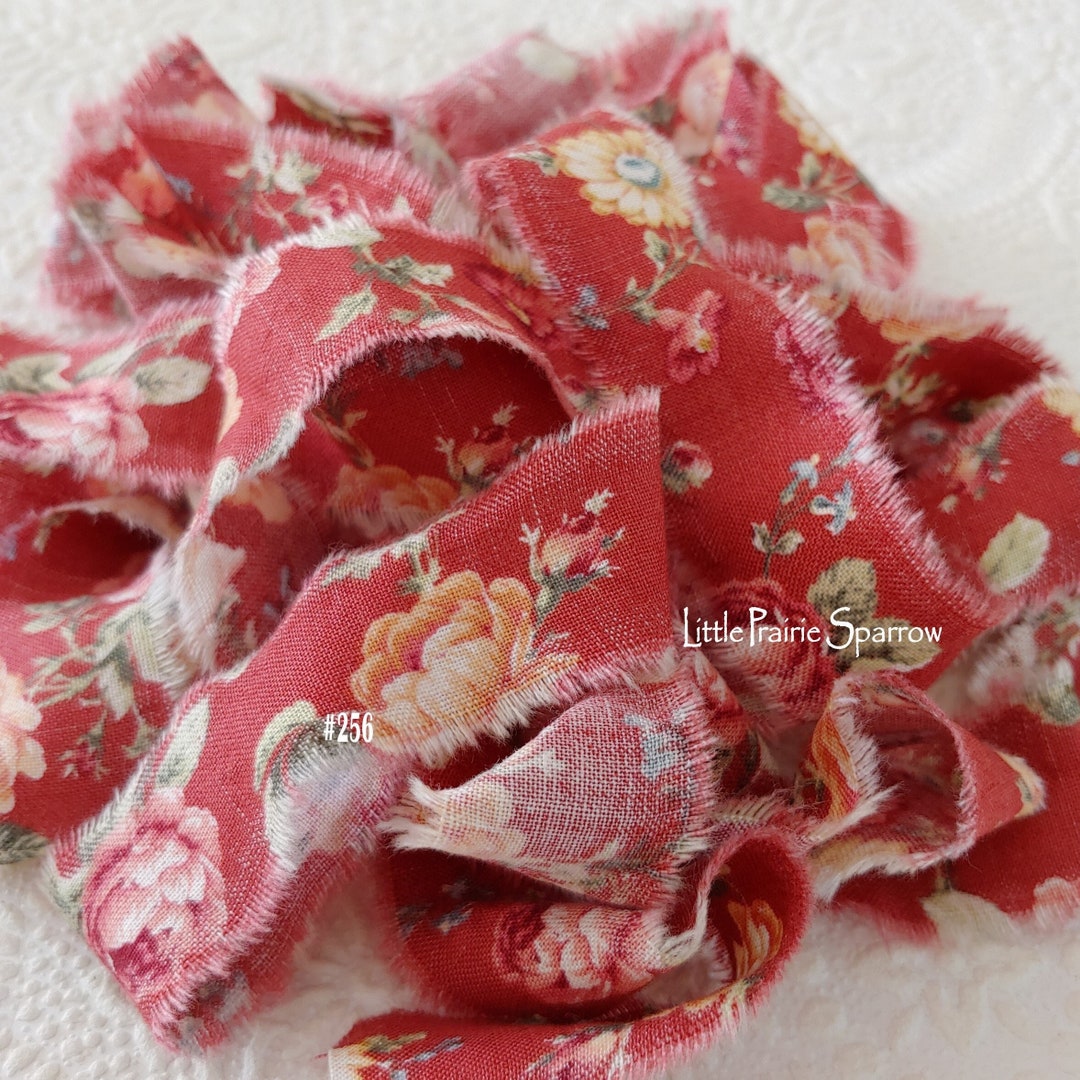 Hand Torn Brick Red Floral Frayed Fabric Ribbon for Journal - Etsy