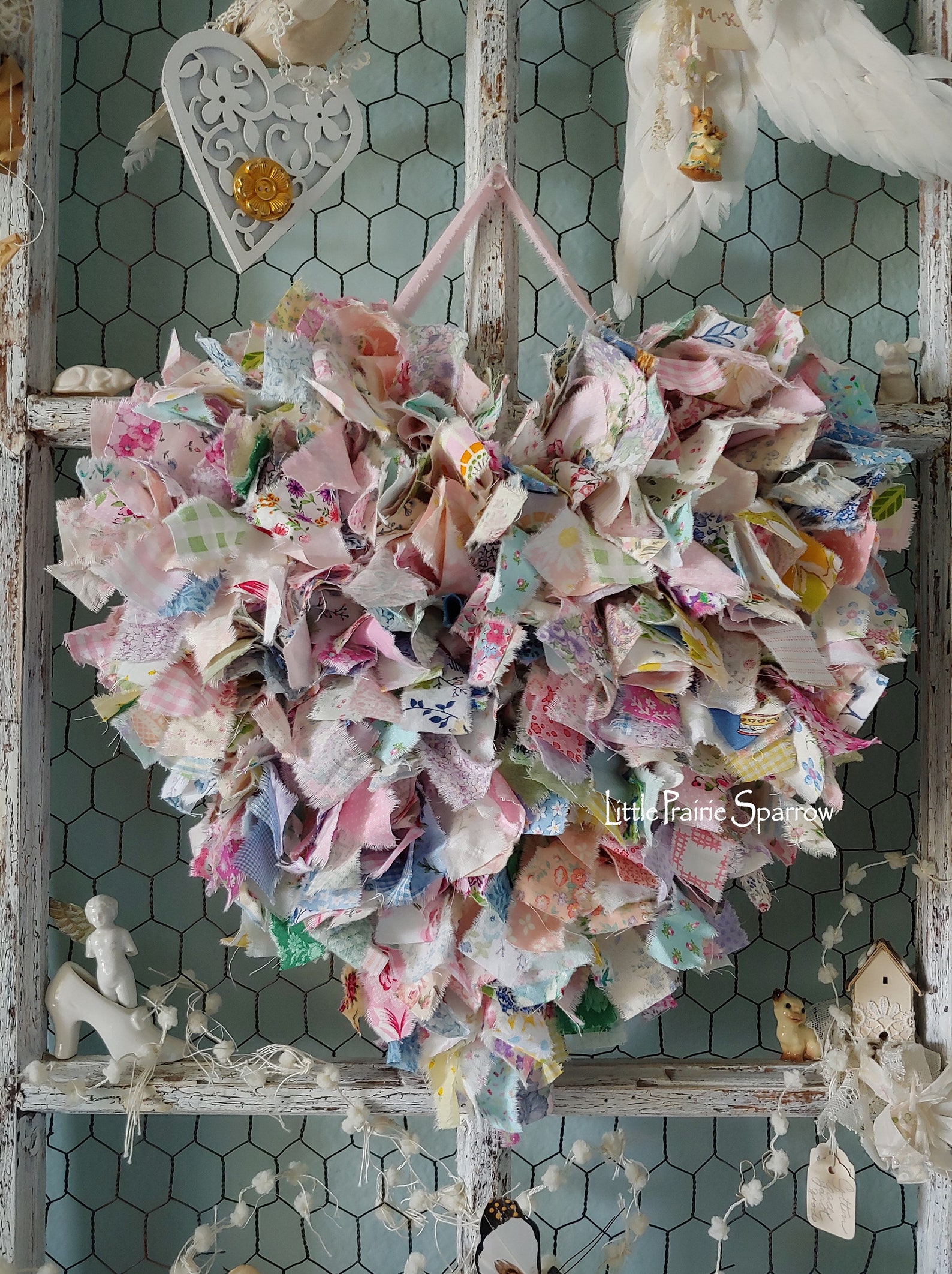 Pink Rag Heart Wreath for Wedding Prop, Brides Chair, Holiday, Nursery ...