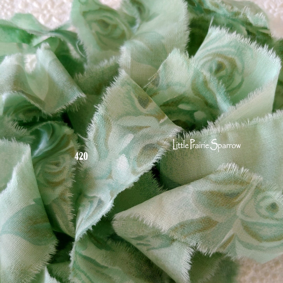 Hand Torn Green Floral Frayed Fabric Ribbon for Party Gift Bows, Shabby ...