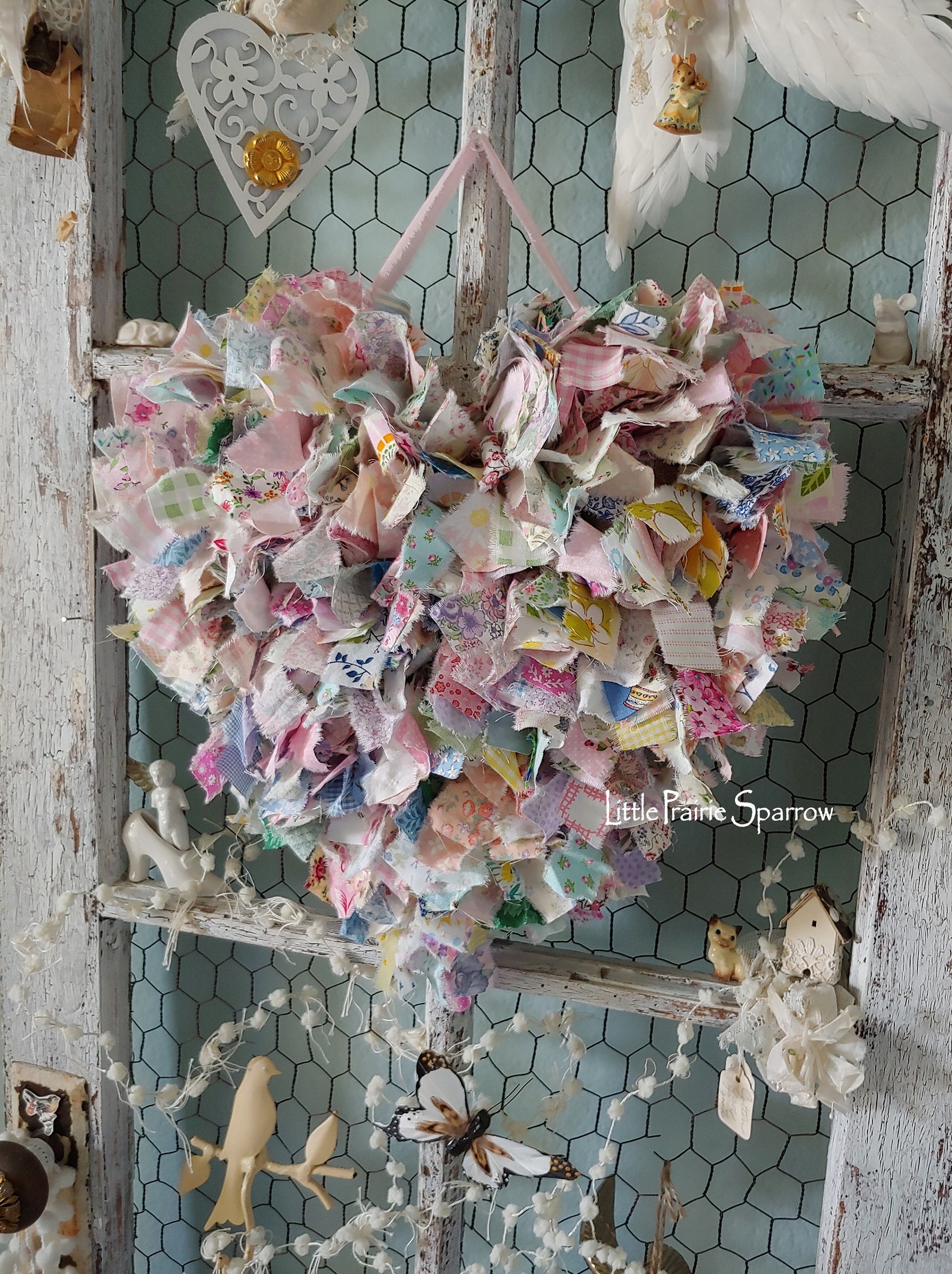 Pink Rag Heart Wreath for Wedding Prop, Brides Chair, Holiday, Nursery ...