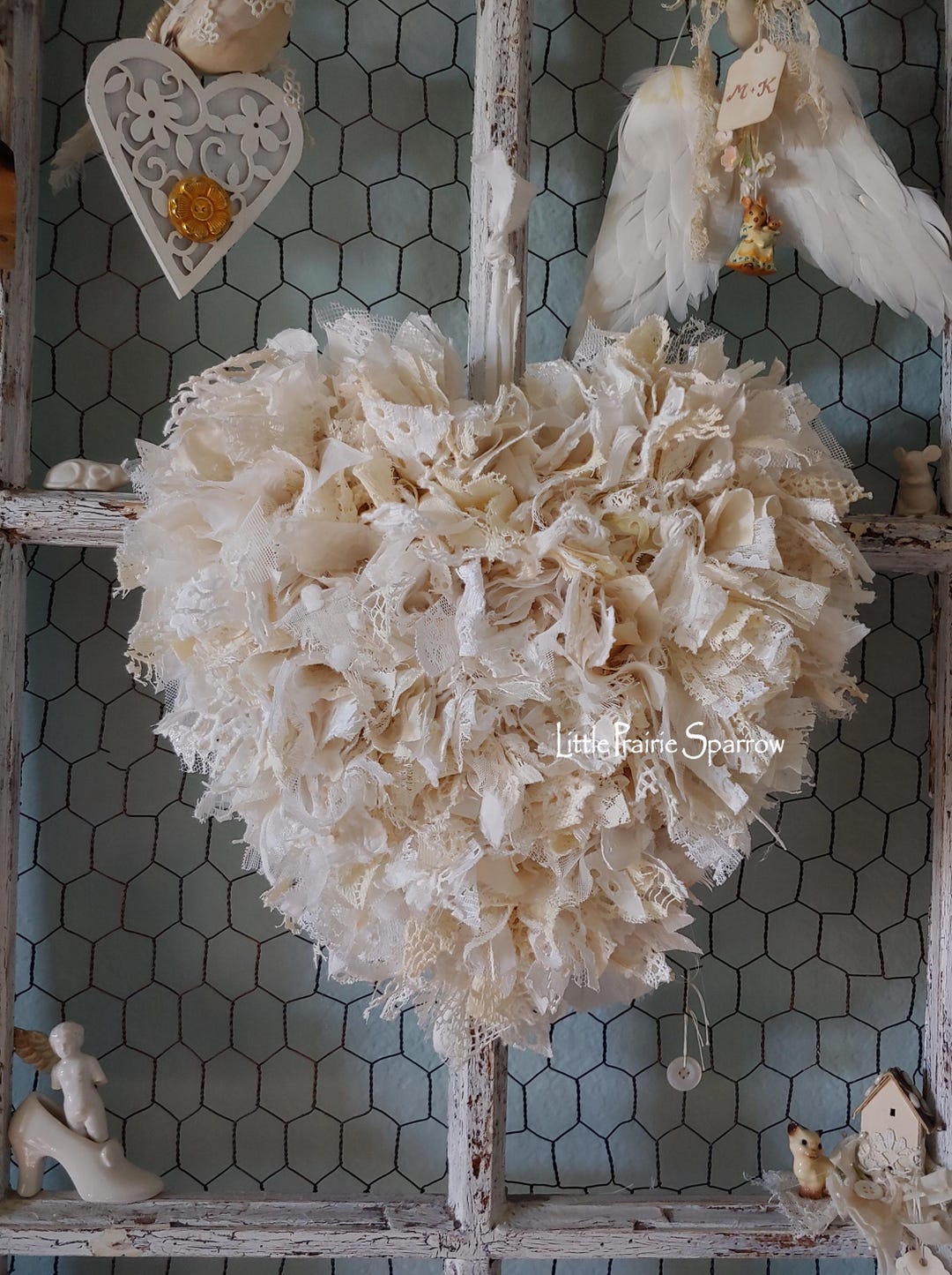 Lace Rag Heart Wreath for Wedding Prop, Brides Chair, Holiday, Nursery ...