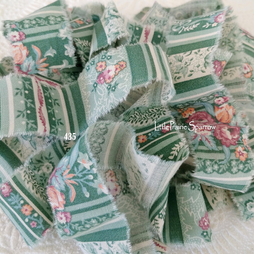 Hand Torn Ribbon Pink Floral Green Stripe Frayed Fabric Ribbon for ...