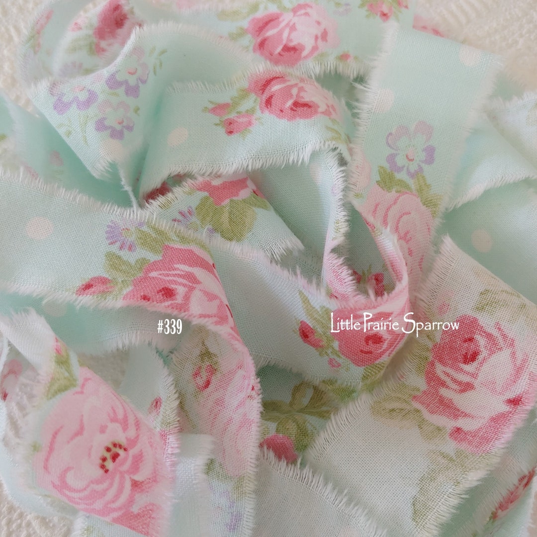 Hand Torn Blue & Pink Rose Frayed Fabric Ribbon, Robin Egg Blue and ...