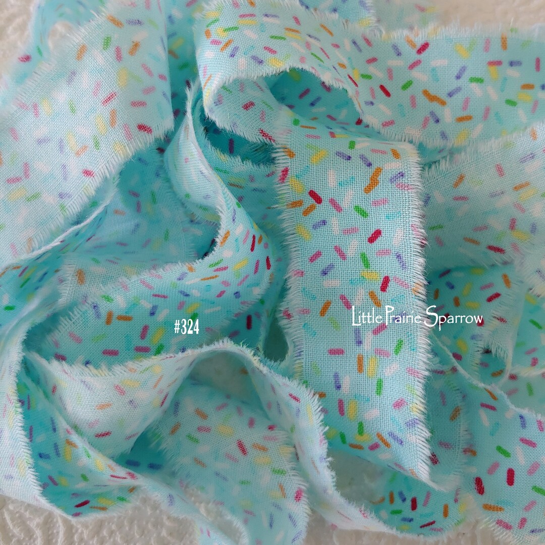 Hand Torn Blue Rainbow Print Fabric Ribbon, Frayed Aqua Robin Egg Blue ...