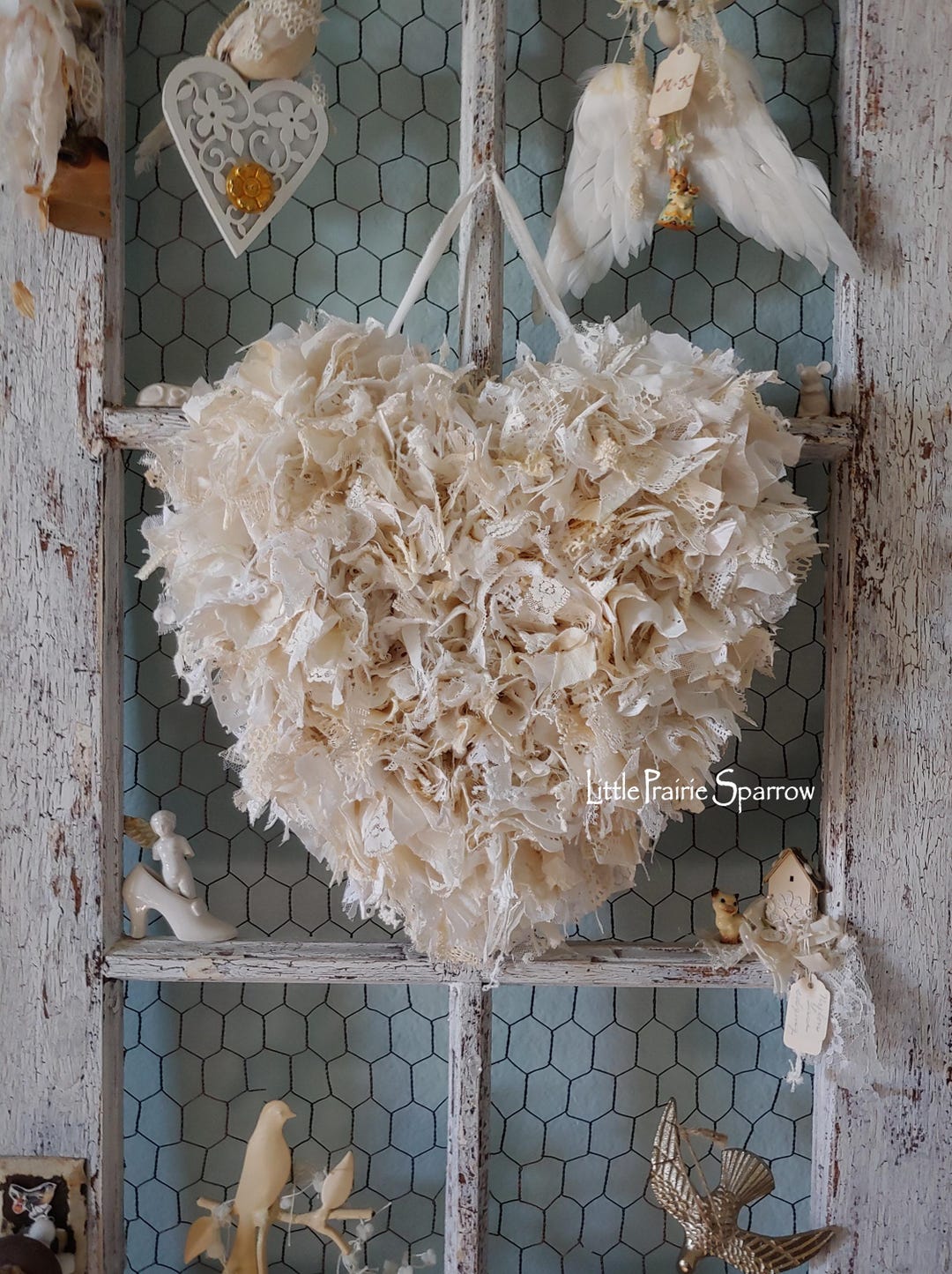 Lace Rag Heart Wreath for Wedding Prop, Brides Chair, Holiday, Nursery ...