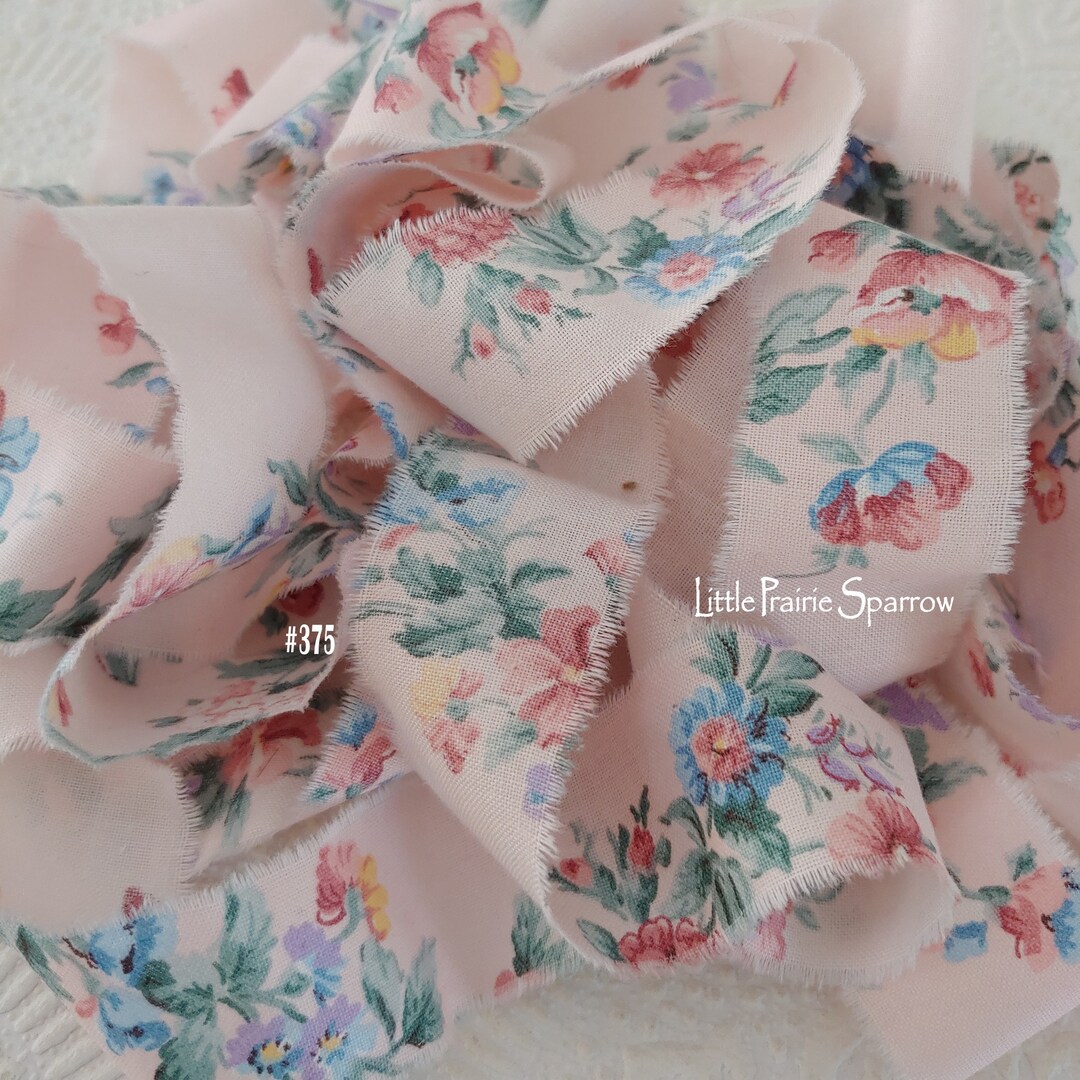 Hand Torn Ribbon Pink Rose Floral Print Frayed Fabric Ribbon for ...