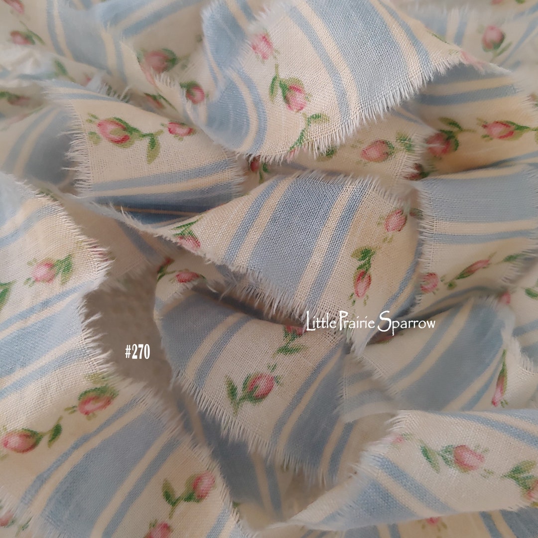Hand Torn Pink Rose Bud Frayed Blue Stripe Fabric Ribbon for Journal ...