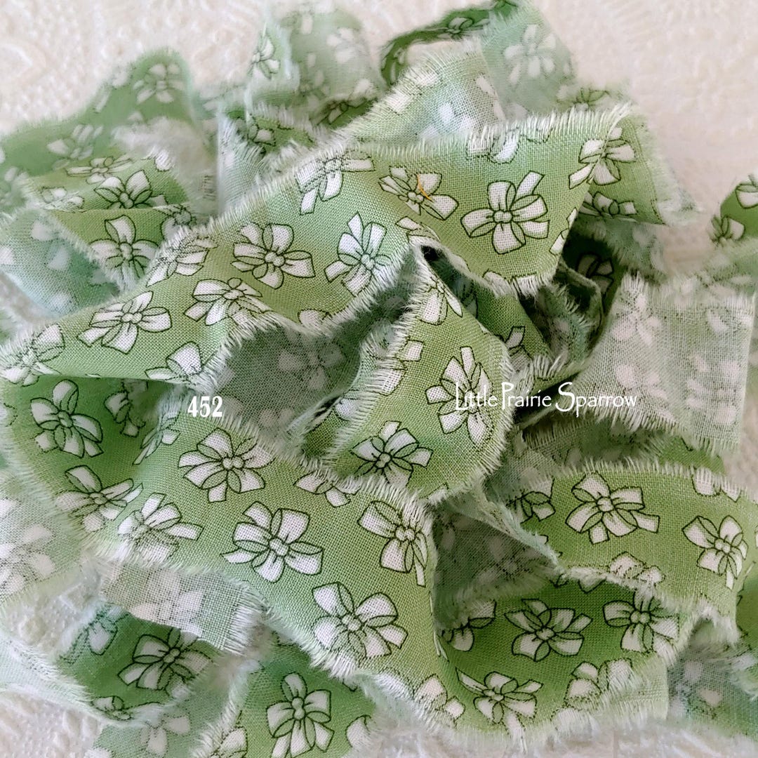 Hand Torn Green Bow Print Frayed Fabric Ribbon for Shabby Wedding, Baby ...