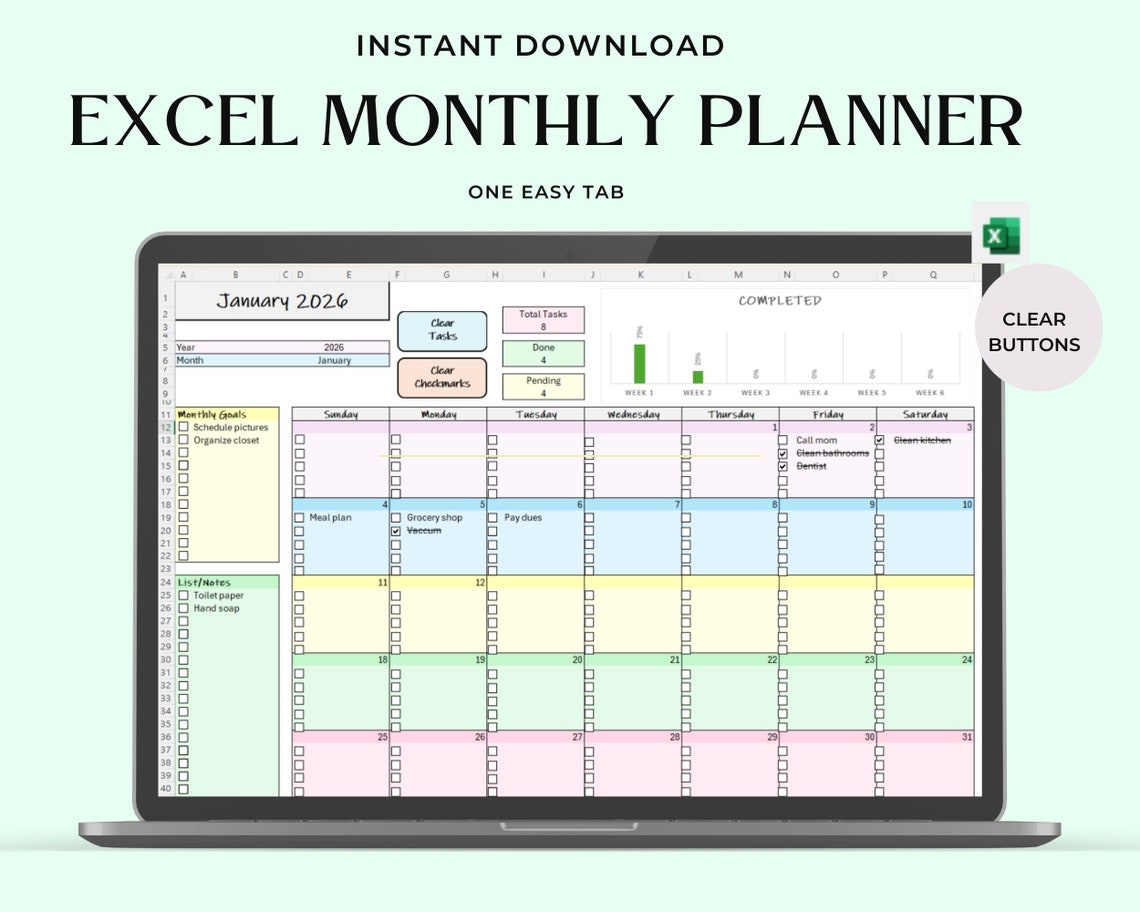 Excel Monthly Planner Template Etsy