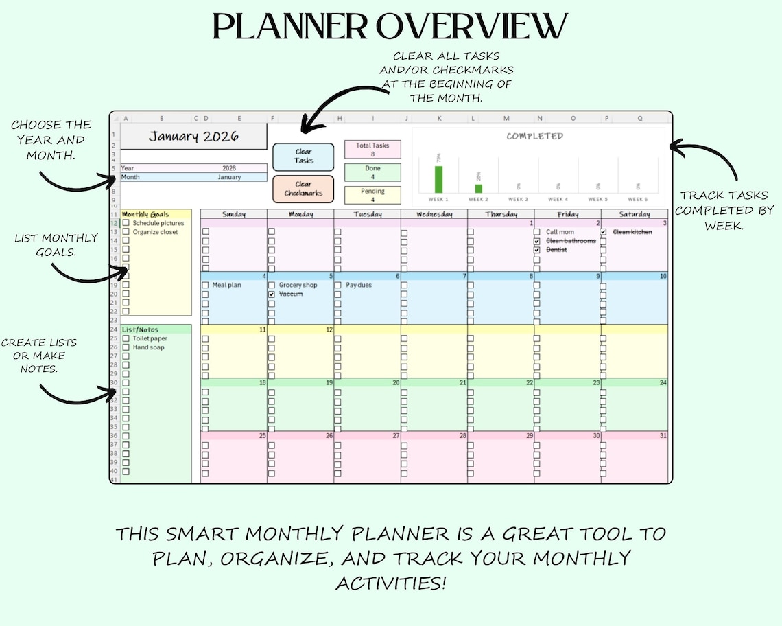 Excel Monthly Planner Template - Etsy