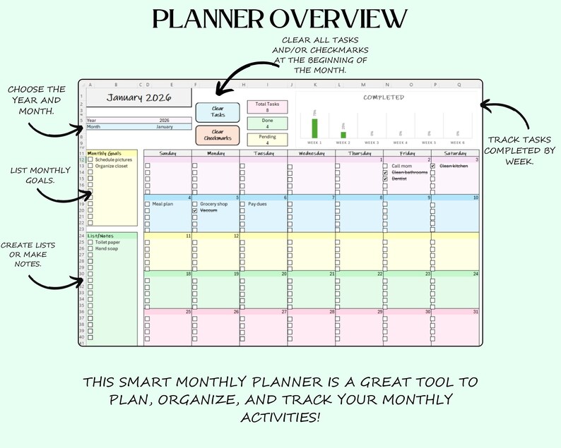 Excel Monthly Planner Template - Etsy