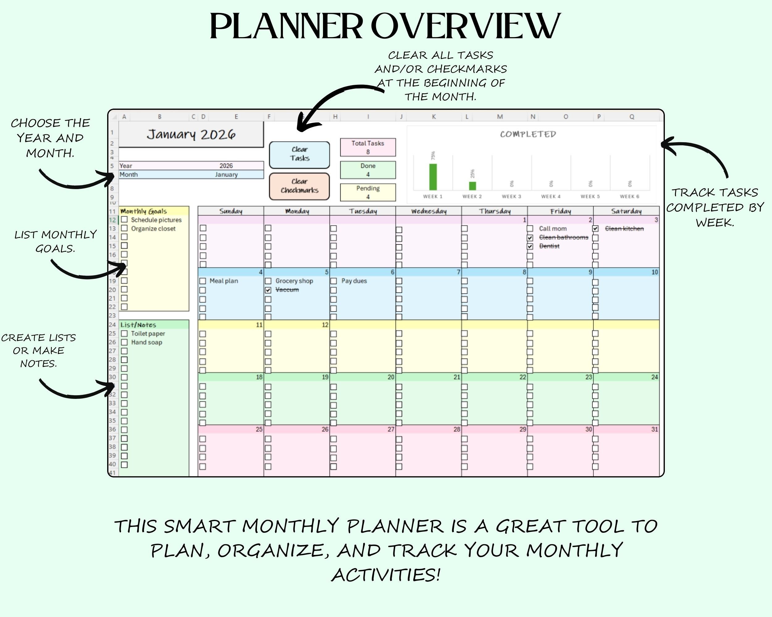 Excel Monthly Planner Template - Etsy