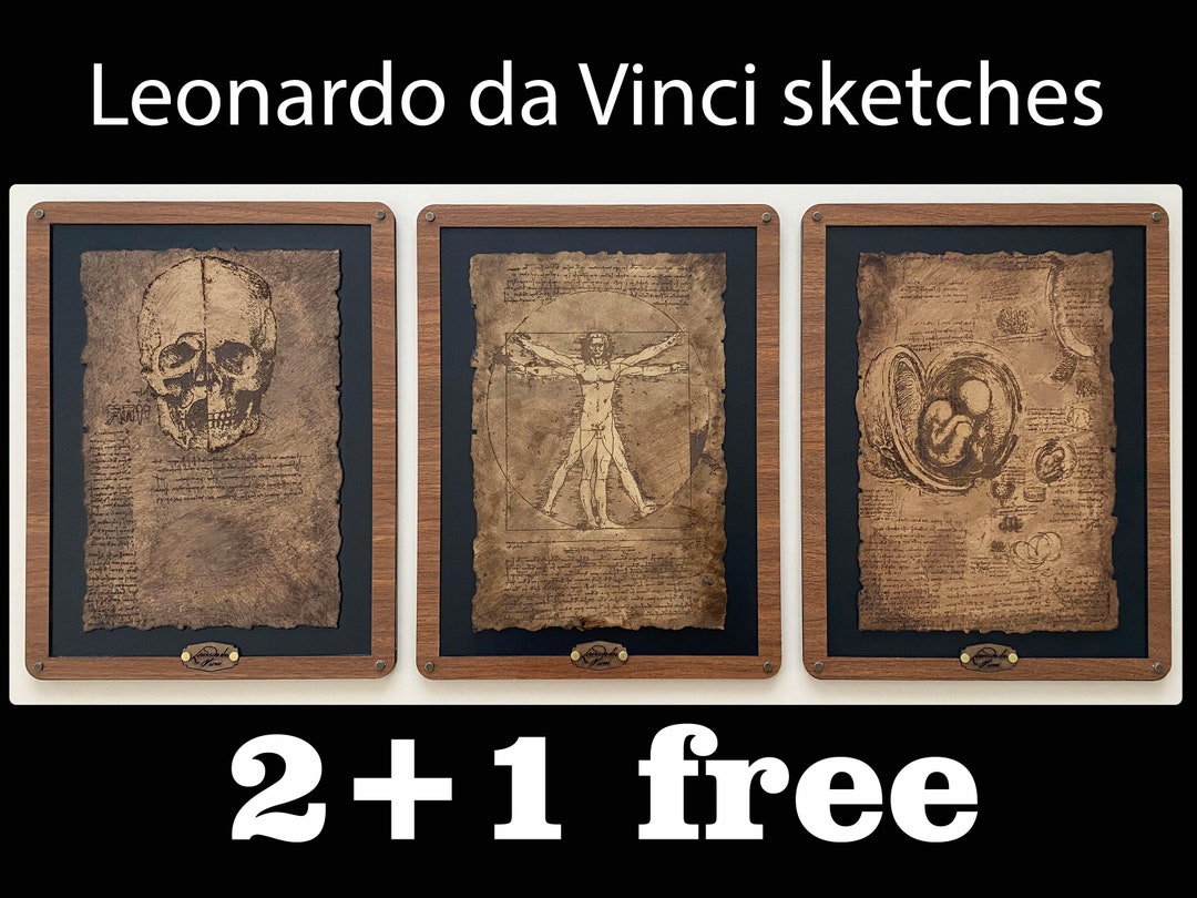 Handcrafted Wooden Leonardo Da Vinci Sketches - Set of 3 Wall Art ...