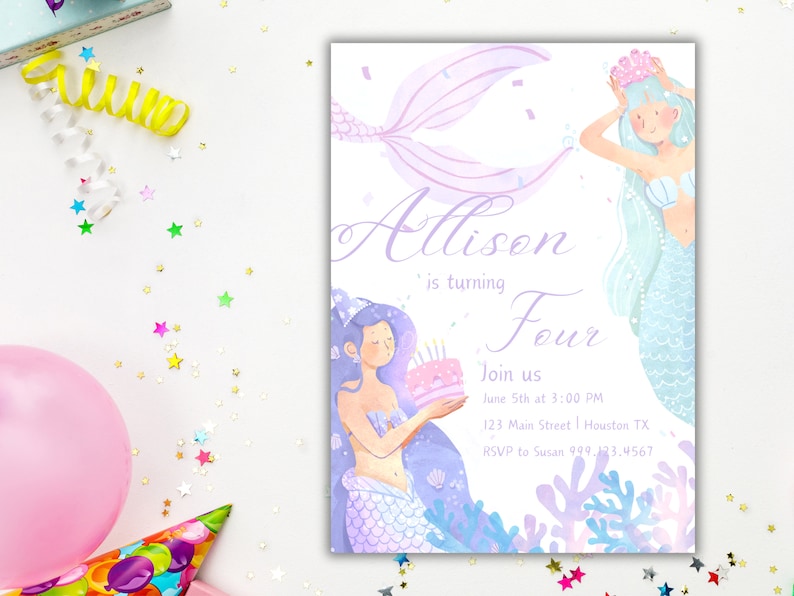 Mermaid Birthday Invitation | Mermaid Girl Birthday Template | Digital ...