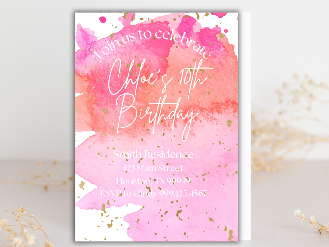 Pink Watercolor Invitation, Birthday Party Template, Pink Gold ...