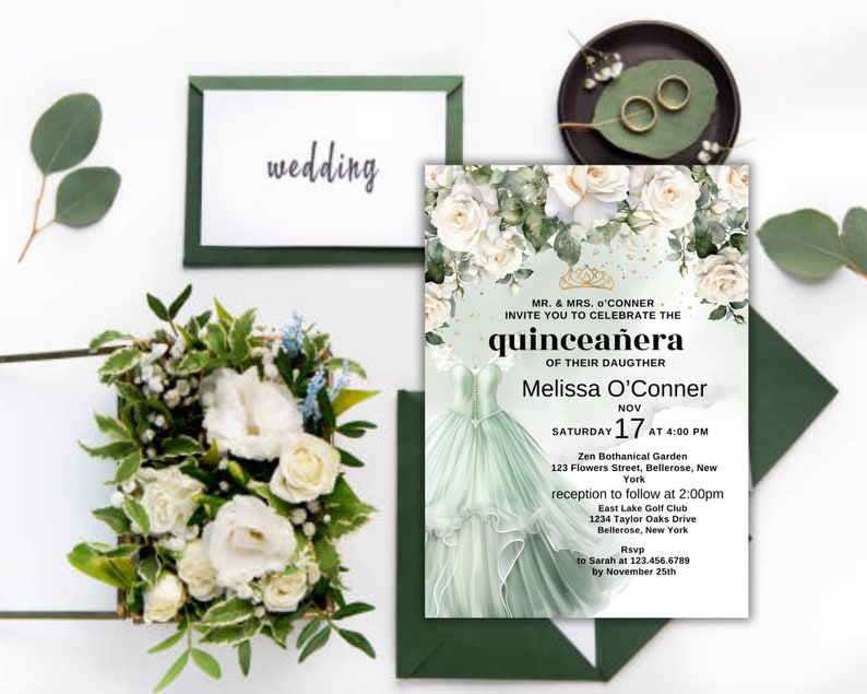 Greenery and Rose Gold Quinceañera Invitation, EDITABLE Tiara Rose 15th ...