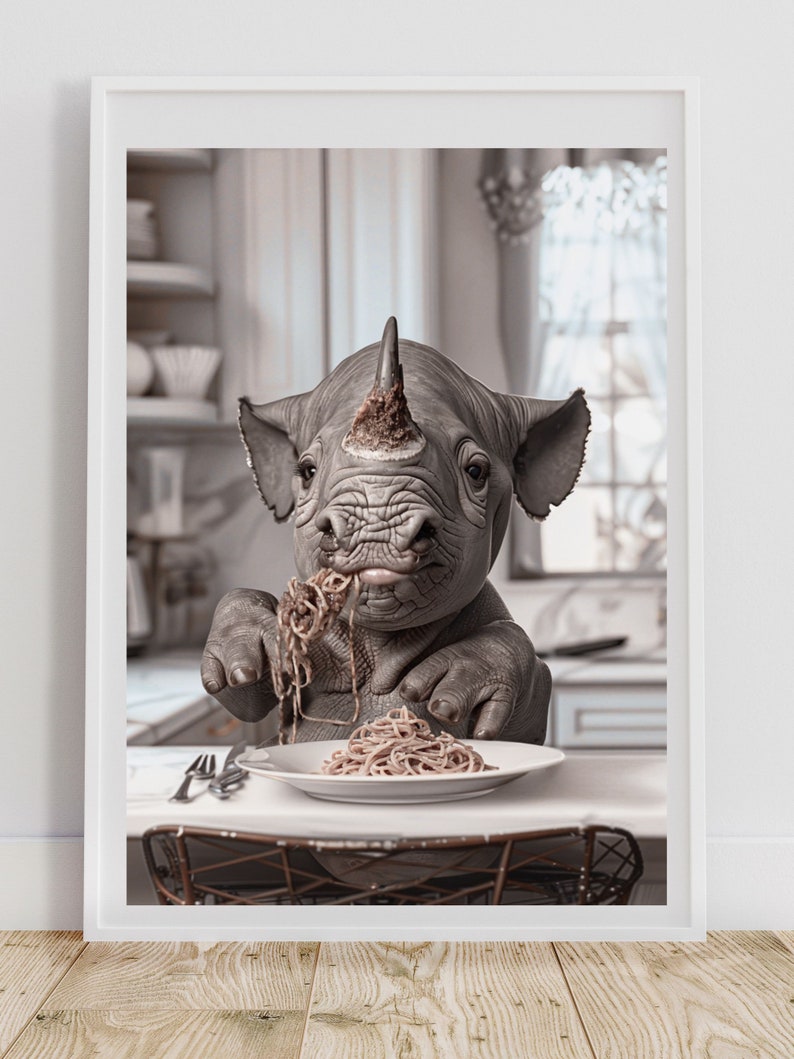 Baby Rhino Eating Pasta Printable Art Instant Download Kitchen Wall Art ...