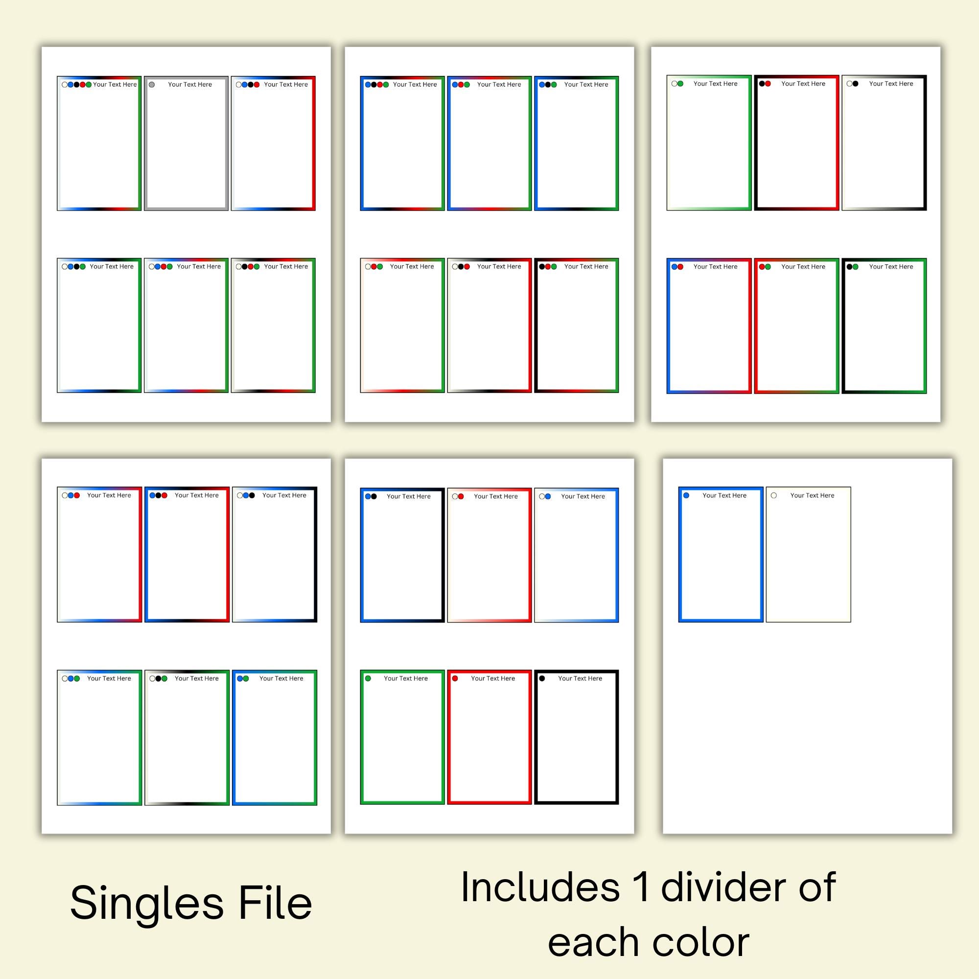 Printable Trading Card Dividers With Editable Text to Organize by Color 5 Color Combos & Grey ...