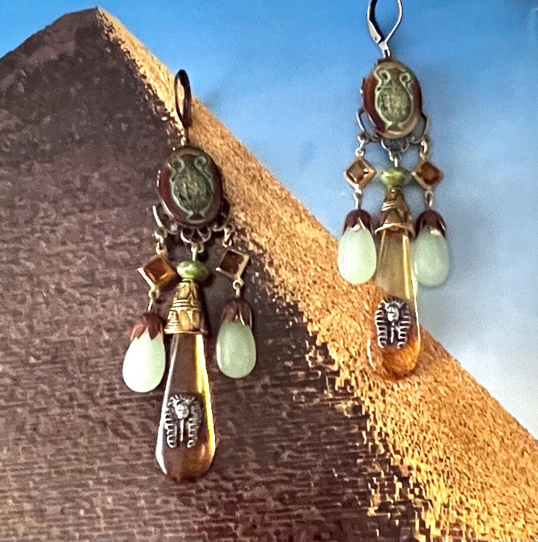 Art Deco Czech Glass Egyptian Revival Style Earrings, Pharaoh, Urn ...