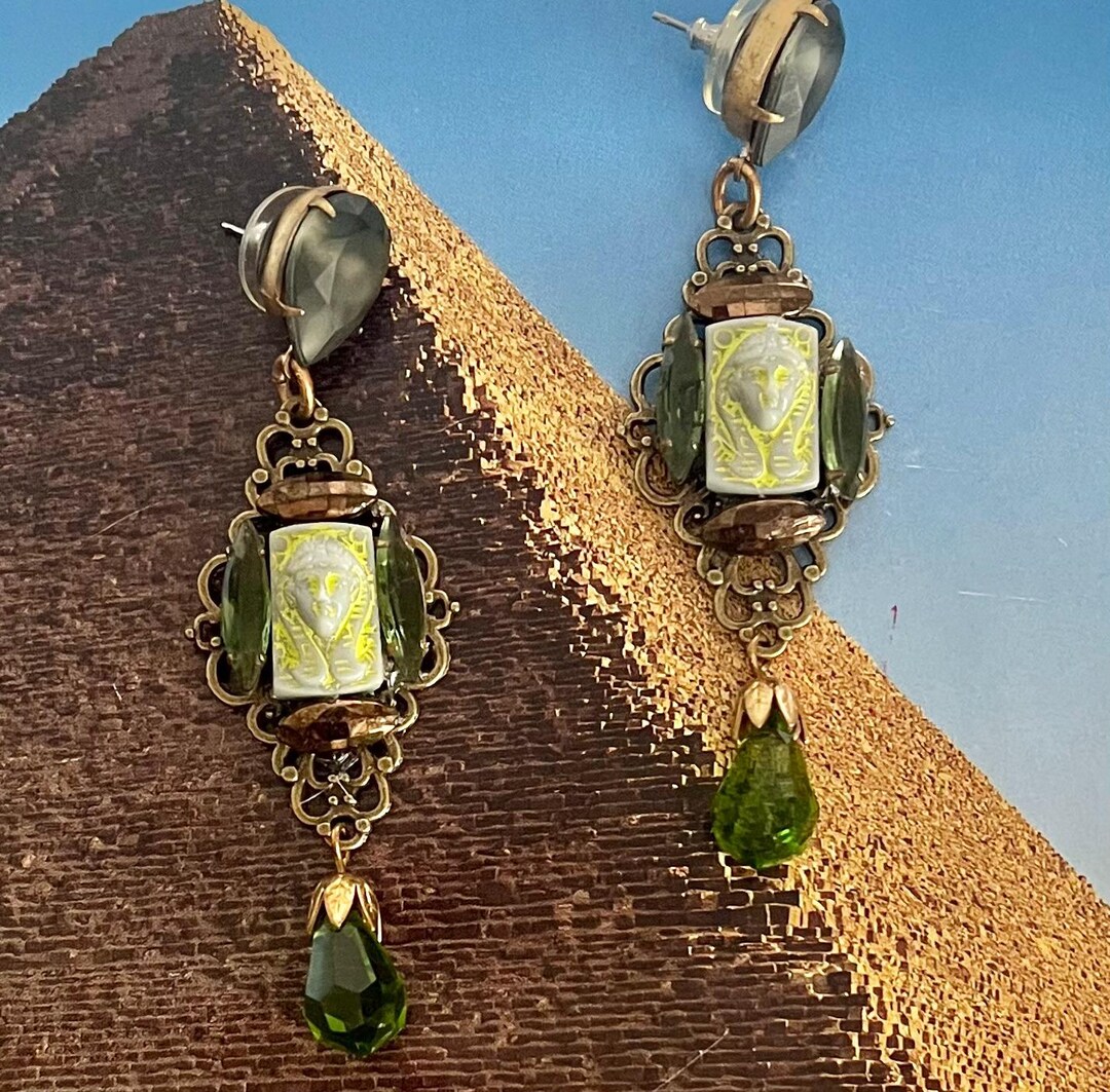 Art Deco Czech Glass Egyptian Revival Style Earrings, Pharaoh, Green ...