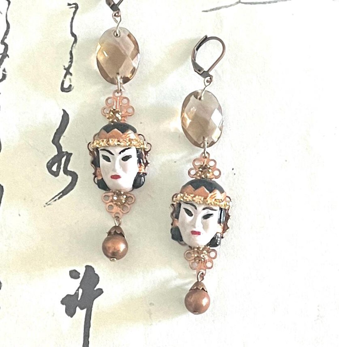 Vintage 1950s Selro Style Asian Face, Thai Princess OOAK Earrings, Hand ...